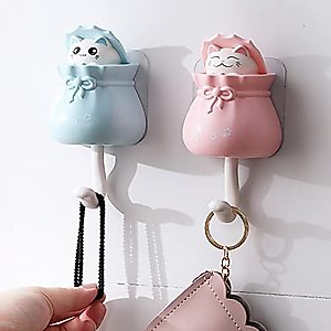 Creative Cute Cat Wall Hook Key Holder,ULemeili Cartoon Coat Wall Hooks for Hanging,Wall Mounted Adhesive Shower Hat Towel Hook,Decorative Kids Room Living Room Bathrooms Towel Hanger,Storage Rack