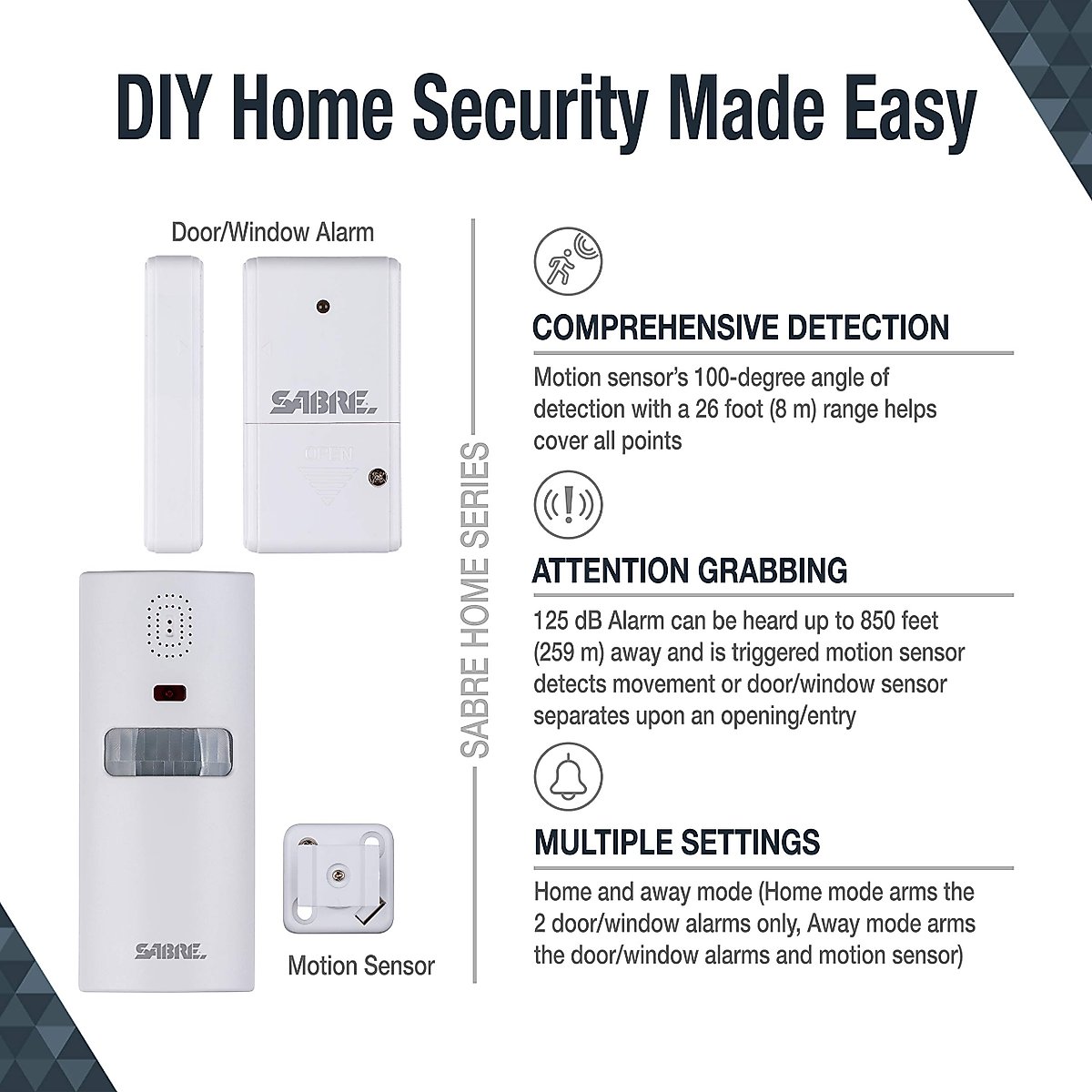 SABRE Home Security System with Remote, 125dB Alarm, Audible Up to 850 Feet (259 Meters), Wireless, Comes with 1 Motion Sensor Alarm, 2 Door or Window Alarms and 1 Remote Key Fob, Home and Away Modes