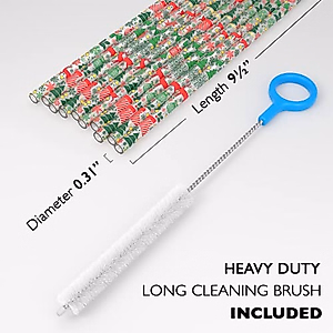 Fiesta First 10 Long Reusable Transparent Hard Plastic Drinking Straws, Christmas Trees Print Design + Sturdy Cleaning Brush - For Kids, Tumblers and Mason Jars - BPA Free