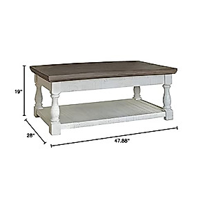 Signature Design by Ashley Havalance Farmhouse Lift Top Coffee Table with Fixed Shelf and 2 Hidden Storage Trays, Gray & White with Weathered Finish