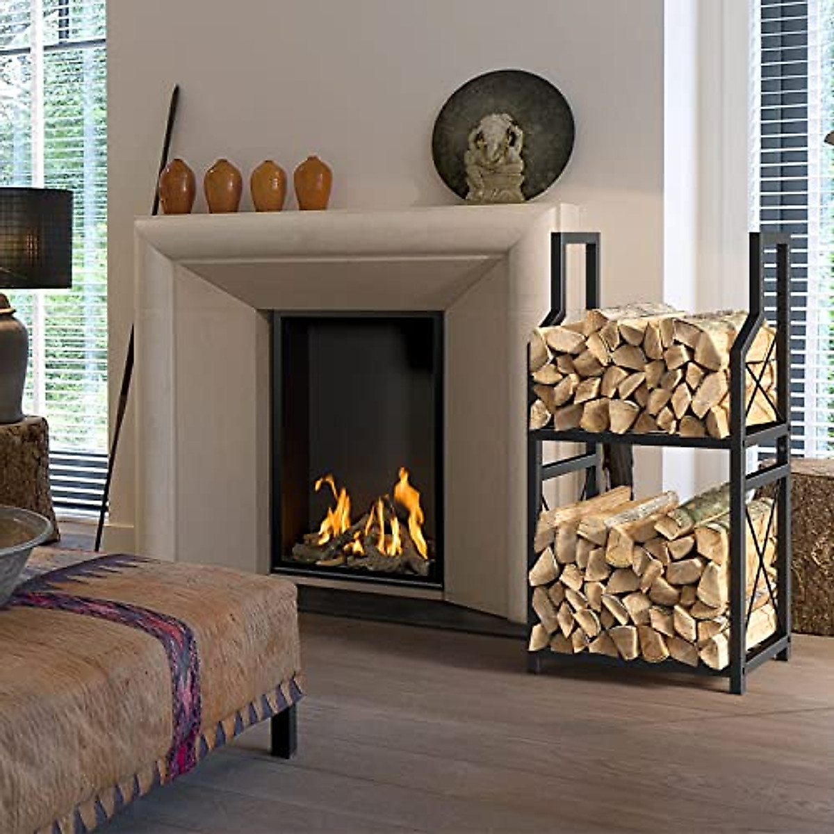 Small Firewood Rack Holder for Indoor Fireplace, 2-Tier Fire Wood Log Storage Rack Stacker Stand, Strong and Durable for Outdoor Patio, Fire Pit, Stove, Black