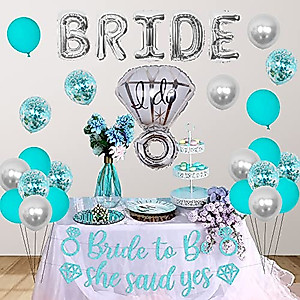 Teal Bachelorette Party Decorations Kit, Bridal Shower Decorations Teal for Girls with Bride Letter Balloons, She Said Yes Glitter Banner, The Bride Sash and Silver Diamond Ring Foil Balloon