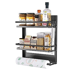 PINNIYOU Magnetic Spice Rack with Paper Towel Holder for Mother's Day Gifts, Magnetic Shelf with 4 Hooks for Refrigerator, 3 Tier Magnetic Fridge Organizer for Kitchen Storage Spices, Pepper, Black