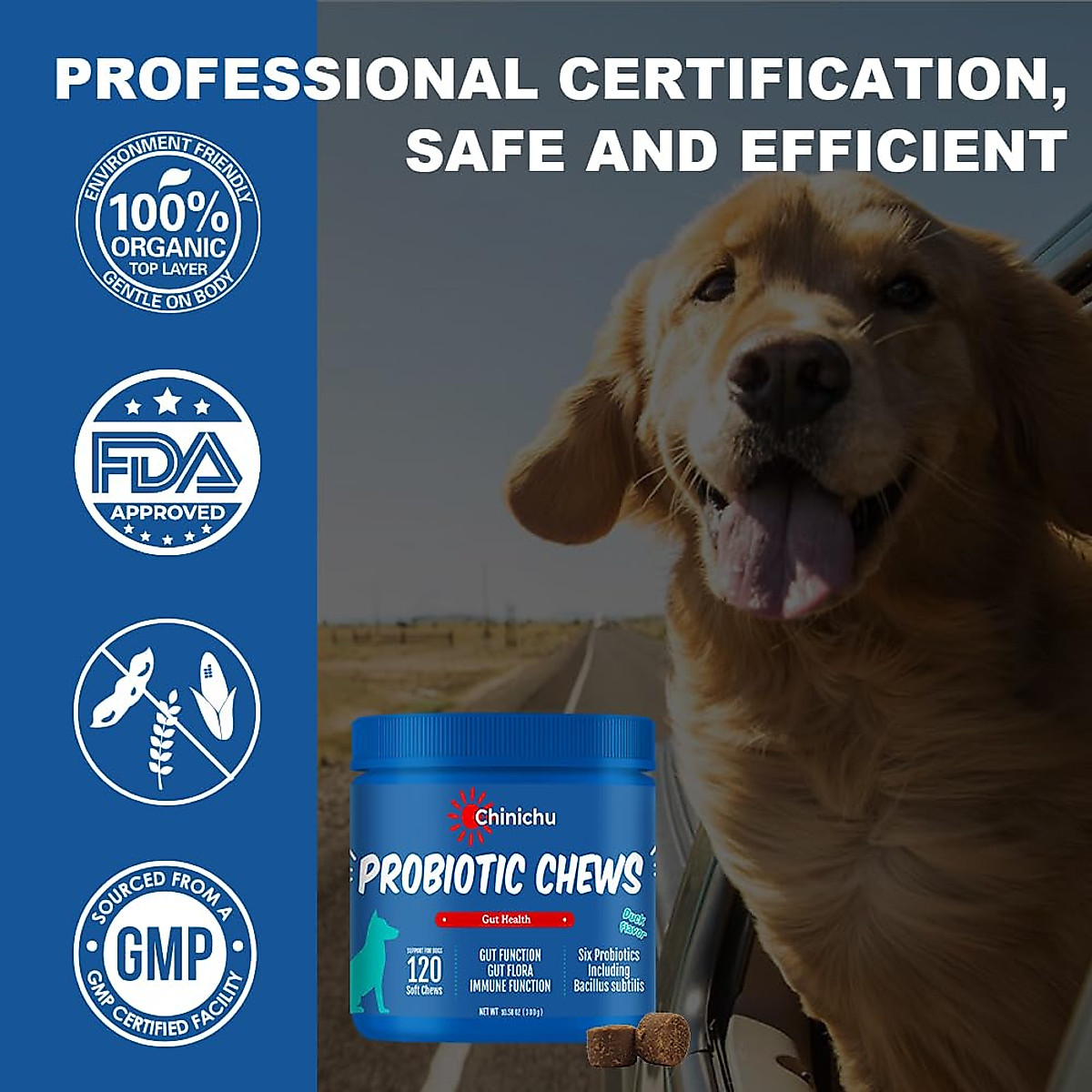 Chinichu Probiotics for Dogs - Digestive Enzymes for Gut Flora, Digestive Health, Diarrhea & Bowel Support - Dog Supplement Soft Chew for Pet Immune System - Clinically Studied DE111 - Duck Flavor