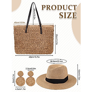 Coume Straw Large Beach Bag for Women's Woven Beach Bag and Beach Hats Set Beach Earring Handmade Shoulder Bag Handbag Bohemia Set(Khaki)