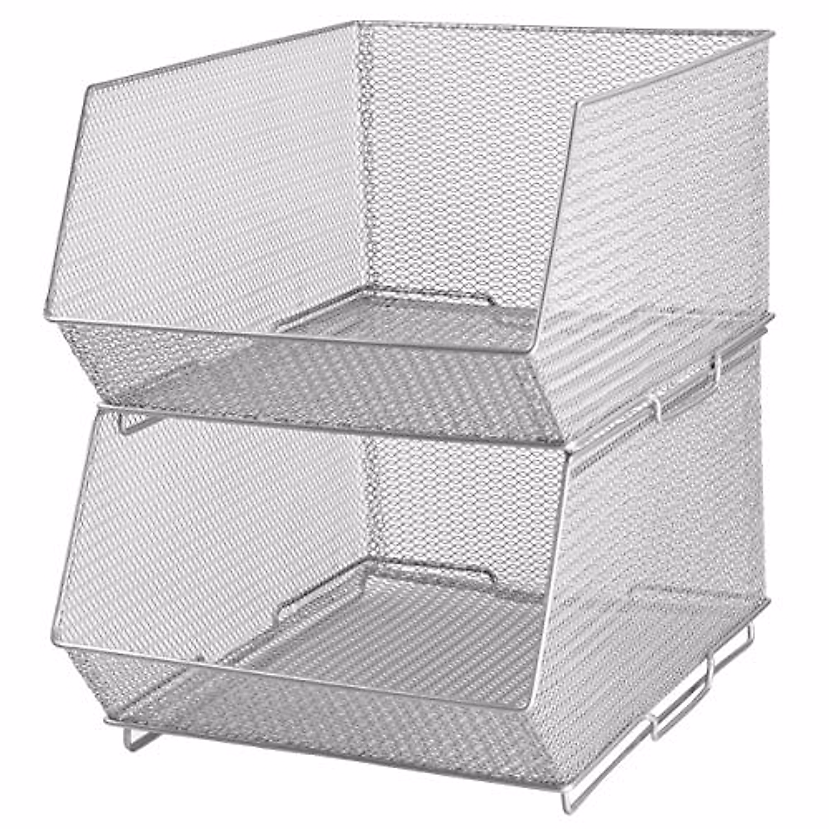 YBM HOME Mesh Stacking Bin Storage Containers for Kitchen Pantry, Cabinet and Shelves, Metal Wire Basket Rack for Fruits and Veggies, Crafts, Toys & Cleaning Items - 2-Pack, Large 15x11x8 Silver