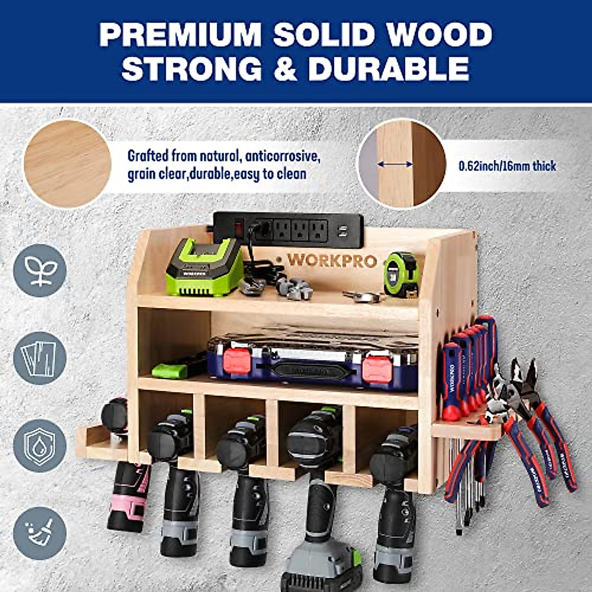 WORKPRO Power Tool Organizer, Cordless Drill Holder Storage Wall Mount with 5 Drill Hanging Slots, Screwdriver Rack, Solid Wooden Tool Storage for Garage, Workshop, Warehouse