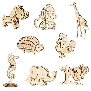 LRIGYEH 3D Wooden Animal Puzzles for Kids Wood Building Kits Including Puppy, Liraffe, Monkey, Hedgehog, Seahorse, Elephant, Rooster and Sloth | STEM Toy Gift for Kids and Adults