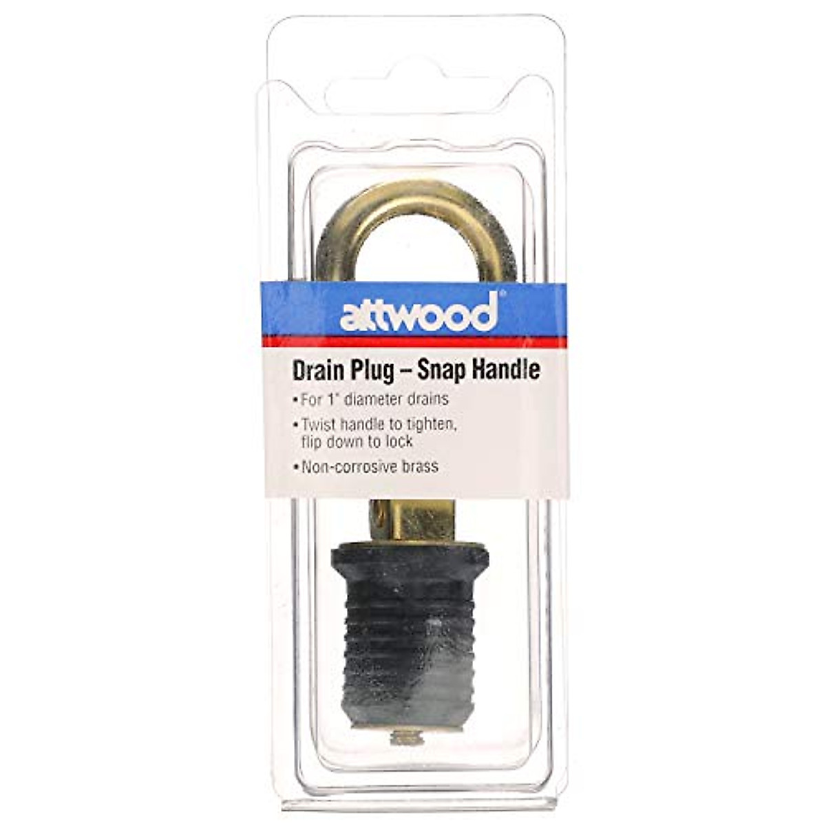 Attwood 7524A7 Snap-Handle Drain Plug, For 1-Inch-Diameter Drains, Locks in Place, Brass Handle, Rubber Plug