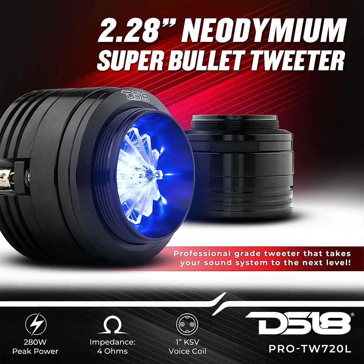 DS18 PRO-TW720L 2.28" Shallow High Compression Neodymium Super Bullet Tweeter 280 Watts 1" Aluminum Voice Coil 4-Ohm with RGB LED Lights