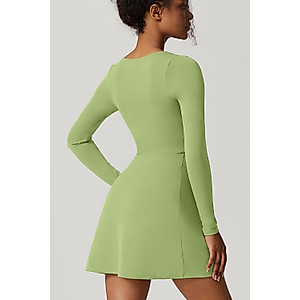 QINSEN Womens Light Green Mini Dress Long Sleeve Square Neck Side Slit Tennis Dresses L
