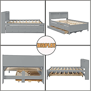 Harper & Bright Designs Twin Bed Frame with Bookcase Headboard, Wooden Twin Size Platform Bed with Trundle and 3 Storage Drawers,Twin Storage Bed for Kids Girls Boys,No Box Spring Needed,Grey