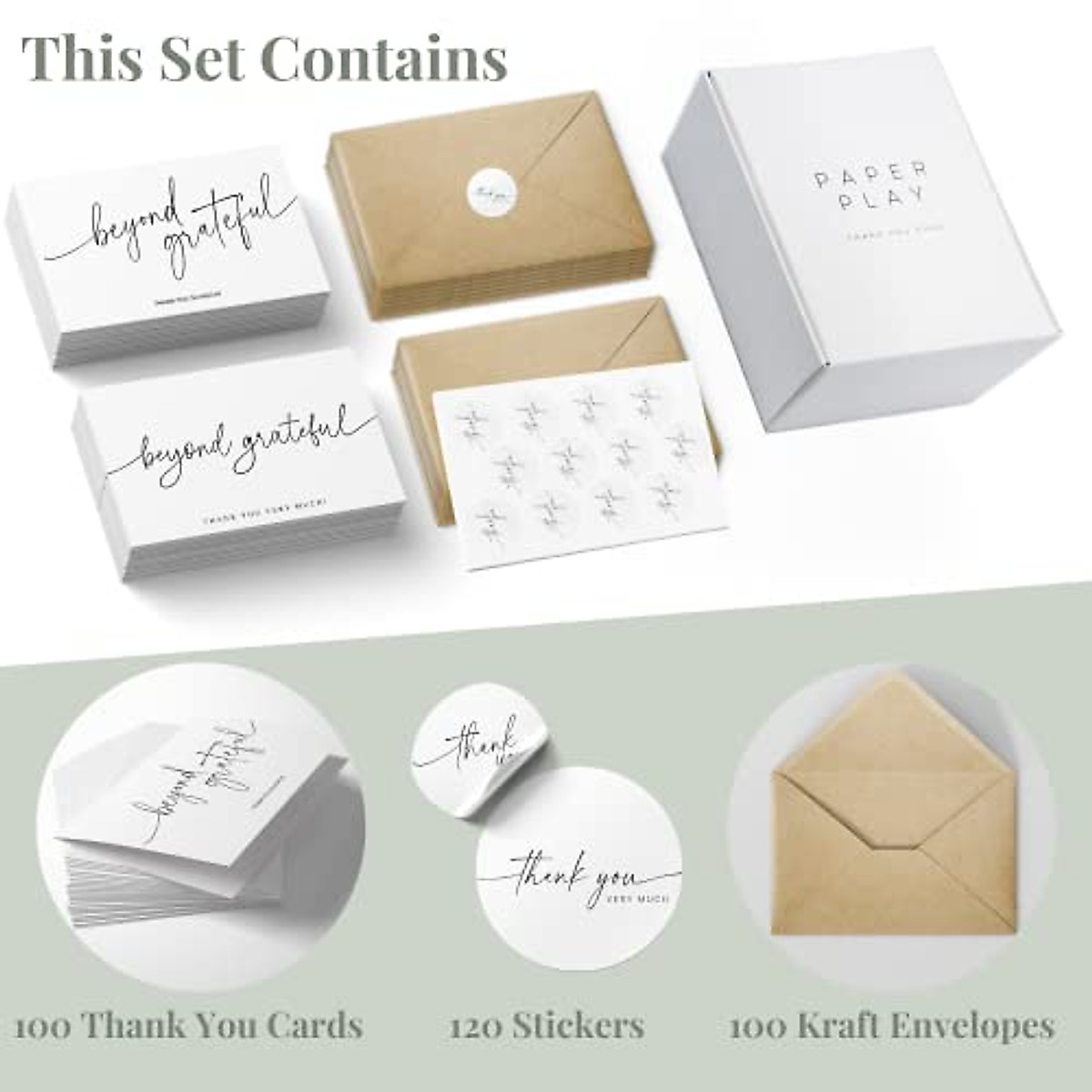Beyond Grateful Thank You Cards | Bulk Pack of 100 with Kraft Envelopes and Matching Stickers, 4x6 Inch Minimalistic Design | Suitable for Business, Baby Shower, Wedding, Graduation, Bridal Shower, Funeral