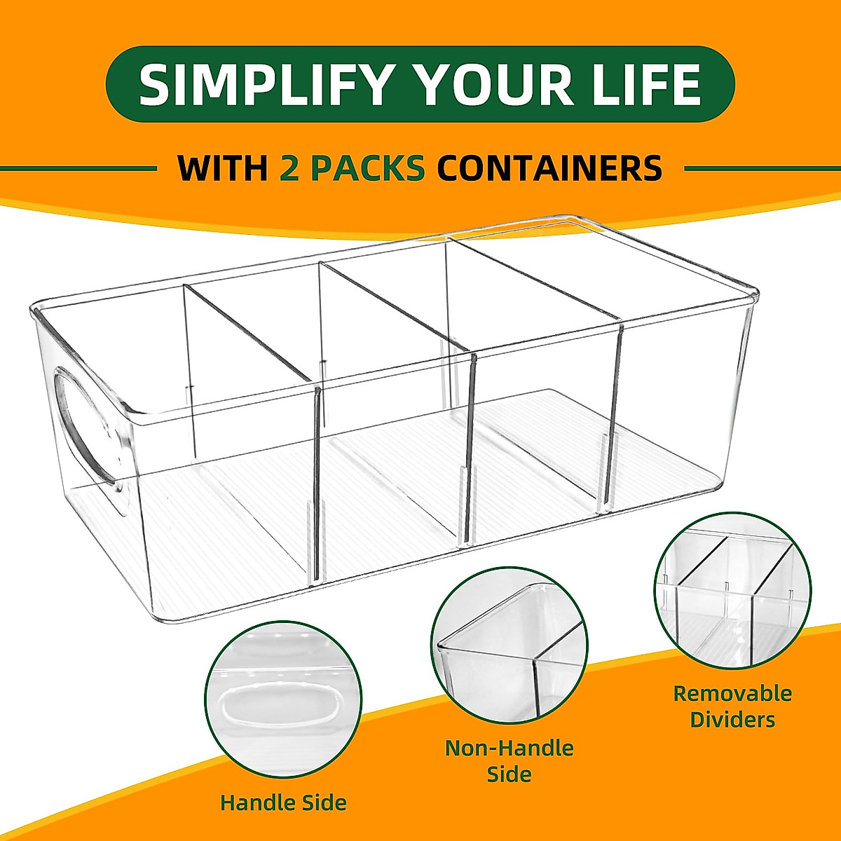 3 Pack Pantry Organizer Bins with Removable Dividers, Divided Food Storage Containers, Perfect for Cabinet Organizers, Kitchen Organization, Pantry Storage, Refrigerator Organizers