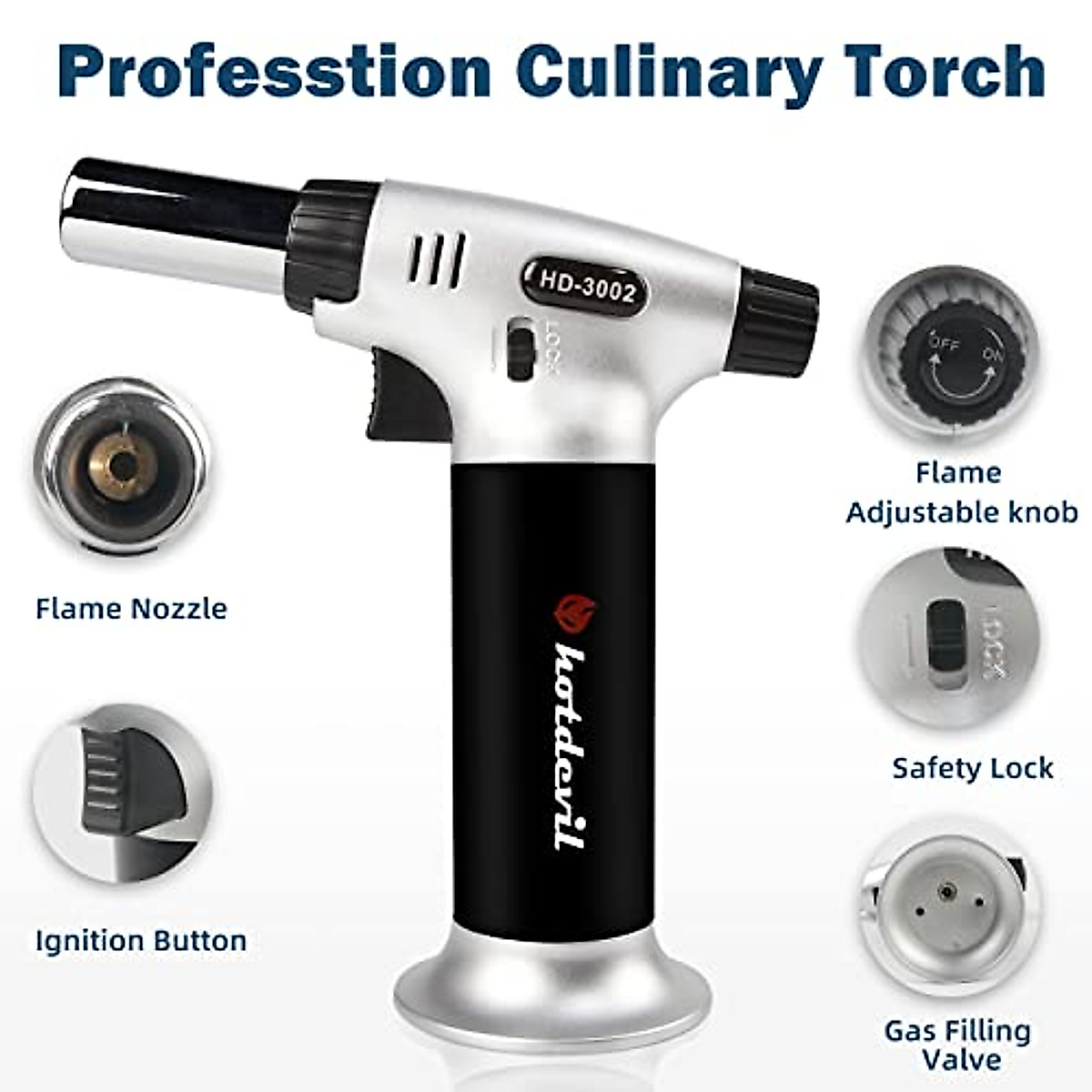 Hotdevil Butane Torch 9g Refillable Tank Kitchen Blow Torch Lighter/w Safety Lock Adjustable Flame Fit All Butane Cartridge Cooking Torch for BBQ Creme Brulee Dessert Baking (Butane Gas Not Include)