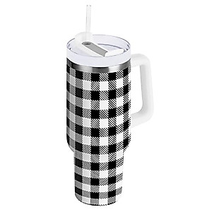 MCHIVER Black White Buffalo Plaid Tumbler with Lid and Straw 40 oz Insulated Water Bottle Leakproof Tumblers for Smoothie Coffee Water