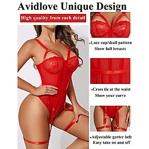 Avidlove Womens Lingerie Sexy with Garter Belt Deep V Bodysuit for Women Teddy Lingerie Strappy Bra One Piece Lingerie(Red, Medium)