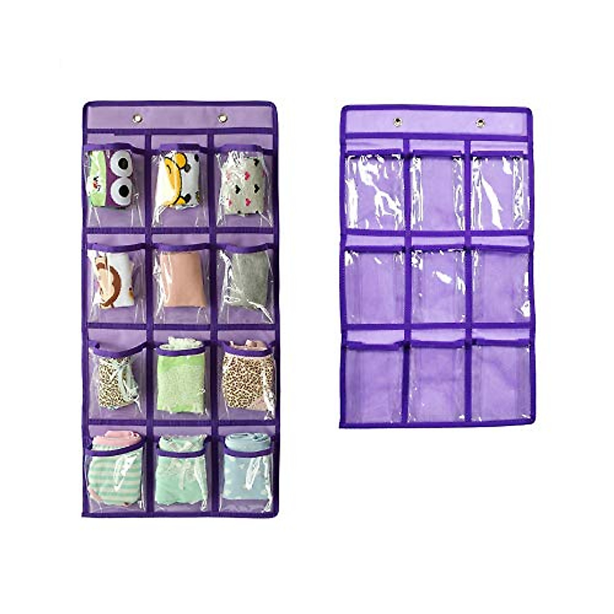 NIMES Hanging Closet Underwear Sock Jewelry Storage Over The Door Classroom Cell Phone Calculator Organizer Clear Pockets (PURPLE-12 & 9 Pockets Pack)