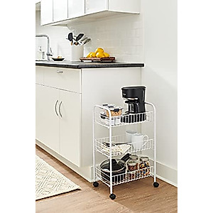 Rubbermaid 3-Tier Shelving Wheeled Organizer, Wire Adjustable Metal Storage Cart, for Office/Kitchen/Bedroom/Laundry Home Use