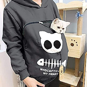 Women's Men's Pet Carrier Hoodie Kitten Puppy Holder Animal Pouch Sweatshirt Top Carry Cat Breathable Pullover Blouse Dark Gray