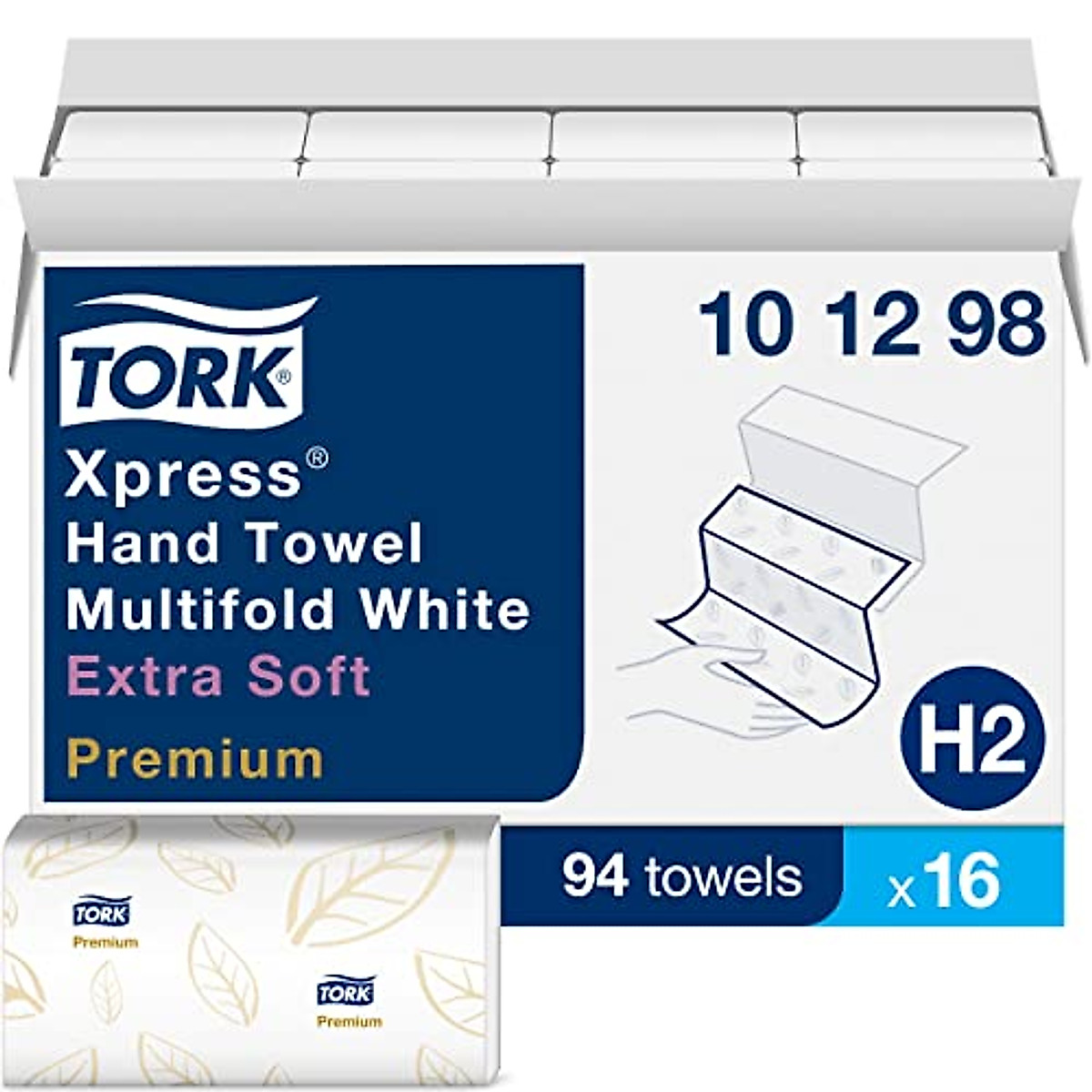 Tork Xpress Extra Soft Multifold Hand Towel White with Blue Leaf H2, Premium, 4-Panel, High Performance, Absorbent, 2-Ply, 16 X 94 Sheets, 101298