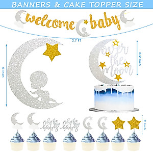 154 PCs Over The Moon Baby Shower Decorations, Fiesec We Are Over The Moon Baby Shower Decorations Backdrop Balloon Garland Glitter Banner Cake Cupcake Topper Boxes Cutout Starry Night Galaxy Sliver