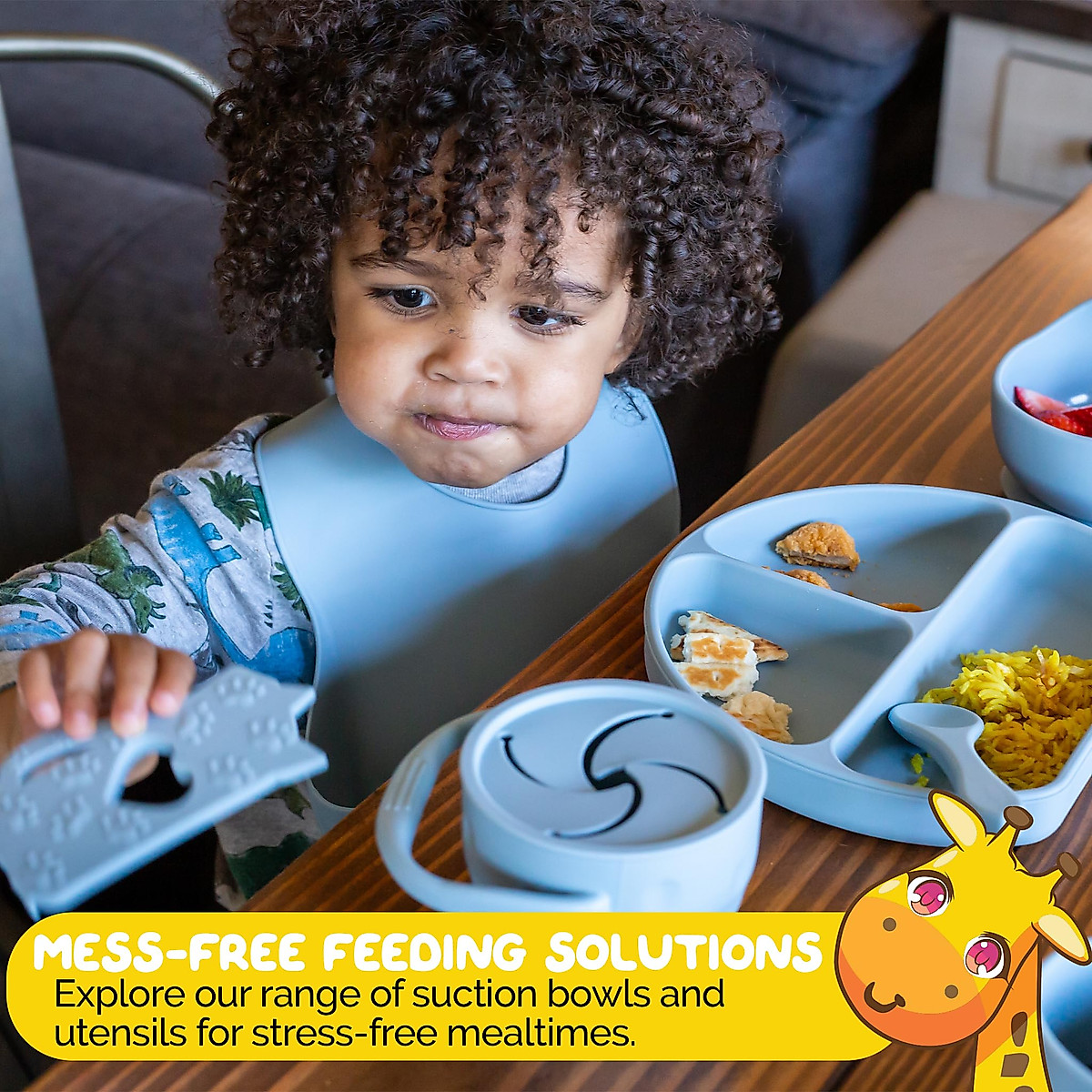 Muqee Peeko Carolina Blue Silicone Baby and Toddler Self-Eating Food Plates Set with Utensils (8 Piece Set)