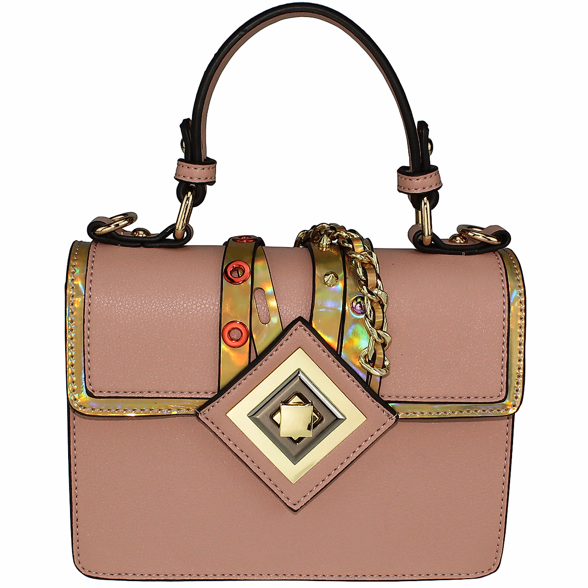 B BRENTANO Vegan Medium Crossbody Top Handle Purse with Metallic Trim (Blush Pink)