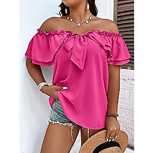MakeMeChic Women's Plus Size Off Shoulder Tie Front Layered Ruffle Short Sleeve Blouse Top Hot Pink 2XL