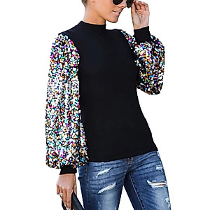 Anna-Kaci Women's Confetti Sequin Balloon Long Sleeve Mock Neck Pullover Sweatshirt (Black, Large)