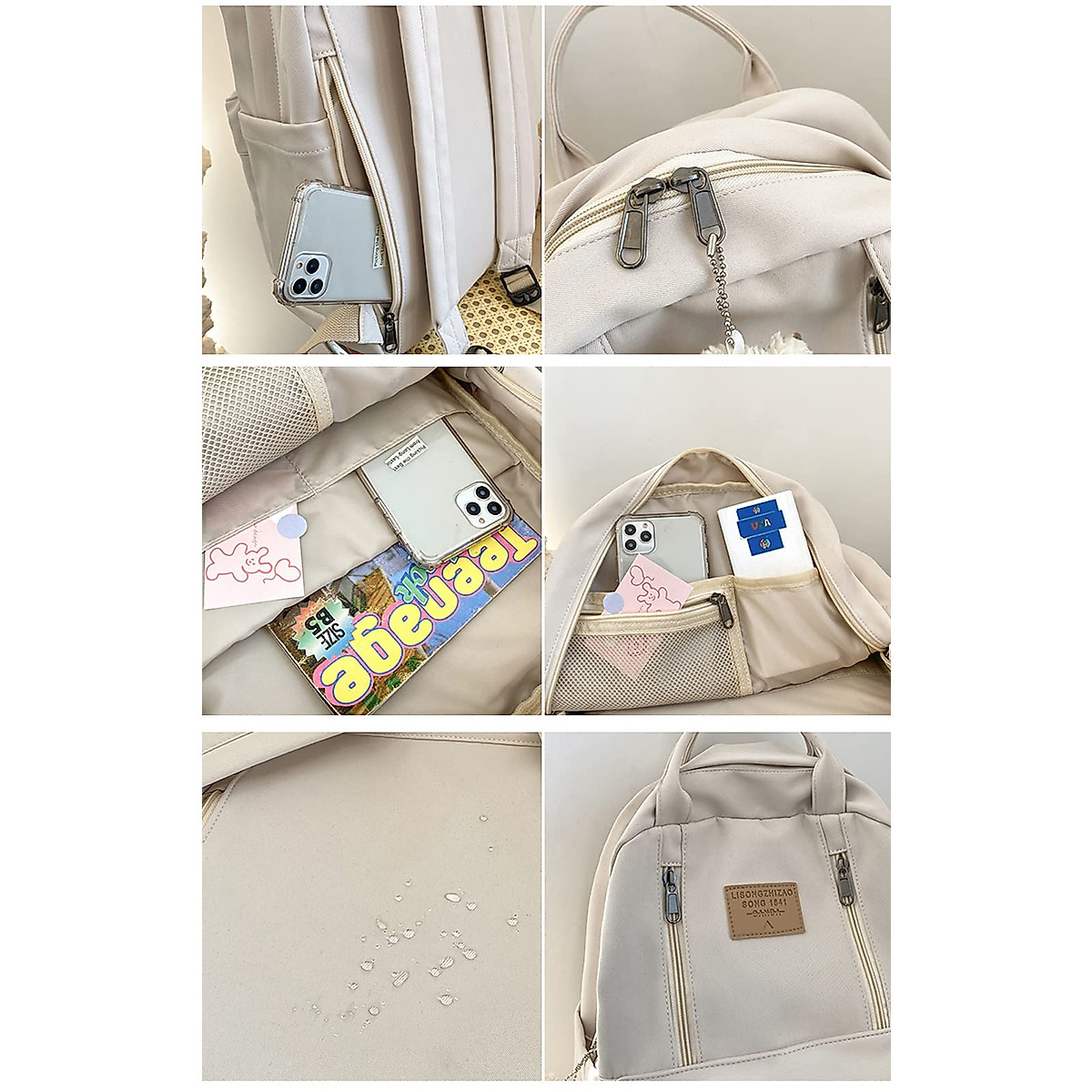 Preppy Backpack with Plushies Cute Vintage Backpack for School Girls Light Academia Bookbags Preppy Aesthetic Backpack (Beige)