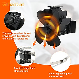 gohantee Heat Powered Stove Fan 4 Blades, Flue Pipe Hanging Fireplace Fan for Wood Logs Burners Fireplace Eco Friendly Efficiently Wood Stove Pipe Fan with Thermometer