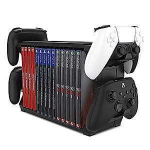 TNP Games Storage Tower (Up to 15 CD Disc) For PS5 Game Disk Rack and Controller Stand Holder For Xbox Series X/Nintendo Switch/PS4 Controller Stand Holder Can hold up to 4 controller