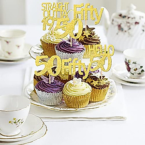 36PCS Happy 50th Birthday Cupcake Toppers Gold Glitter Fifty Hello 50 Straight Outta 1973 Cupcake Picks for Cheers to 50 Years Birthday Wedding Anniversary Party Cake Decorations Supplies