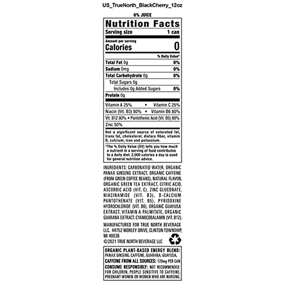 True North, Pure Energy Seltzer, Black Cherry, 12 Fl Oz (Pack of 12)