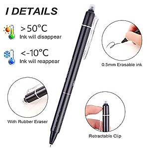 cobee® Erasable Gel Pens, 12 Pieces 0.5mm Retractable Eraser Rollerball Pen Black Ink Erasable Pen Mistakes Disappear Fine Point Pen Writing Planner Drawing School Supplies(Black)