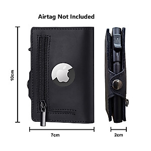 TNE Airtag Wallet (Airtag not Included) Genuine Leather Credit Card Money Holder Automatic Pop Up Mini Aluminum Wallet with Zipper Coin Pocket | Airtag Case Men or Women Air Tag Cover (Black)