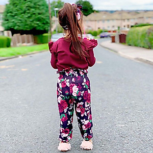 YALLET 3Pcs Toddler Girl Clothes,Solid Color Long Sleeves Ruffle Top+ Floral Pant +Floral Headband
