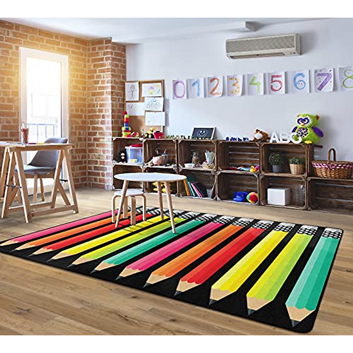 Flagship Carpets Schoolgirl Style Stylish Black & White Brights Pencil Classroom Area Rug for Indoor Classroom Learning or Kid Bedroom Educational Play Mat, 7'6" x 12', Multi