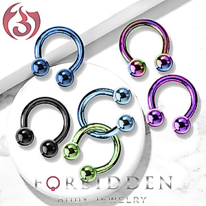 Forbidden Body Jewelry 16g 8mm Horseshoe Piercing Ring, Black IP Plated Surgical Steel, 3mm Balls