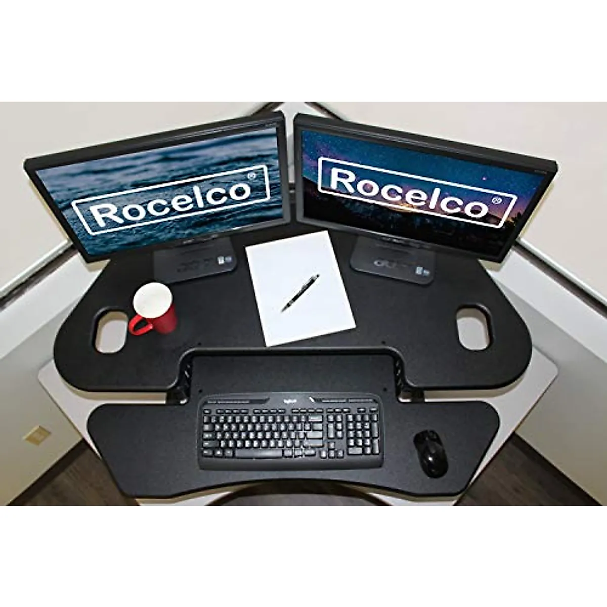 Rocelco 46" Height Adjustable Corner Standing Desk Converter, Quick Sit Standup Dual Monitor Riser, Gas Spring Assist Tabletop Computer Workstation, Large Keyboard Tray, (R CADRB-46), Black