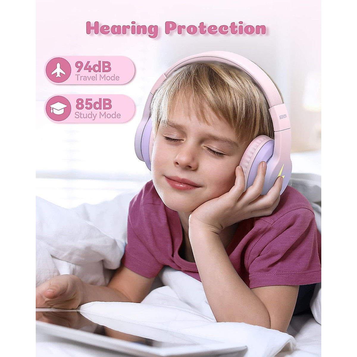 seenda Kids Bluetooth Headphones, Colorful Wireless Over Ear Headset with 85dB/94dB Volume Limited, 45H Playtime, 3 Lighting Modes, Built-in Mic Headphones for Boys Girls iPad Tablet School Pink