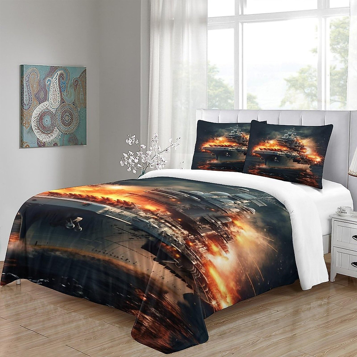 Hypoallergenic Bedding Set Cozy Battleships Comforter Covers 3D Printed Warships Quilt Cover Microfiber Duvet Cover 3 Pieces for Kids and Adults with Pillowcase Twin（173x218cm）