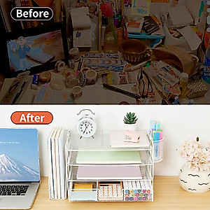 ORDROLL Desk Paper Organizers and Accessories - 4-Tier Paper Letter Tray Organizer with File Holder,Drawer and 2 Pen Holders,Desk Accessories & Workspace Organizers for Office,School,Home(White)