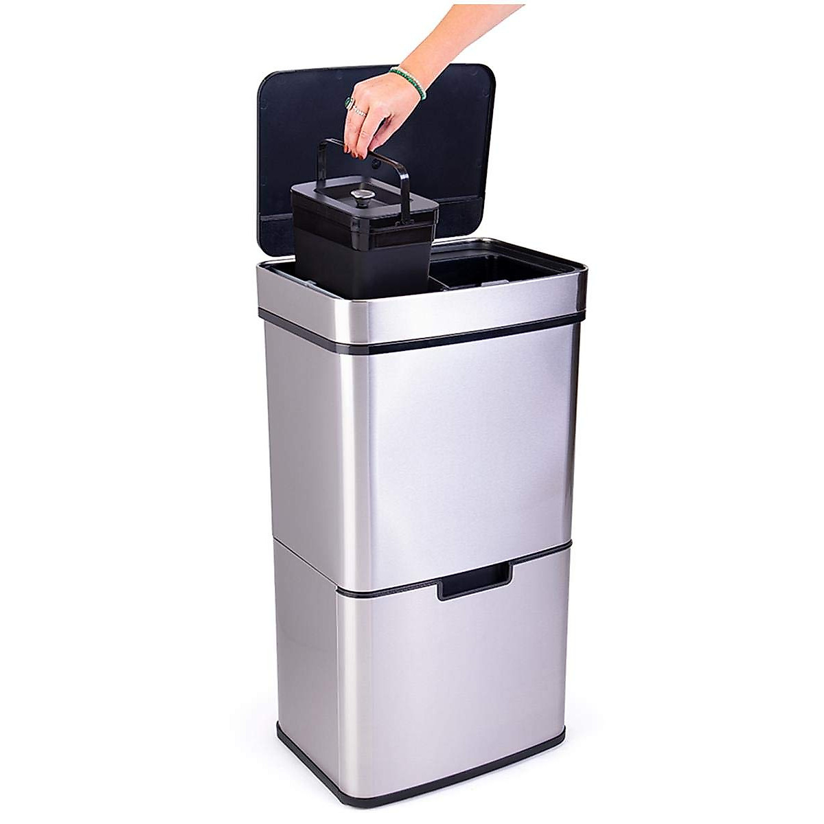 Displays2go 11 Gallon Stainless Steel Trash Bin, Motion Sensor, w/Drawer - Silver (FGETCSS67)