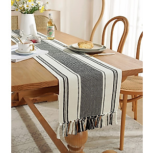 Caflife Boho Table Runner Balck and White for Modern Farmhouse Decor, Natural Cotton Woven Runner with Tassels for Home Dining Table décor 13 x 72 Inch Long