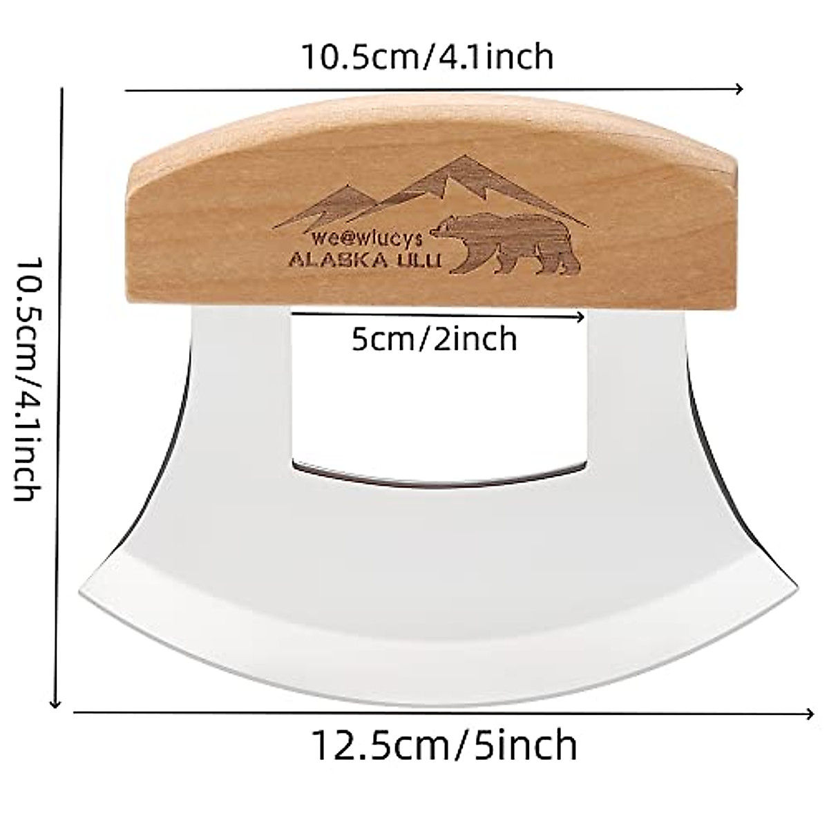WiuCYS 5inch Alaskan Mezzaluna Ulu Knife, Salad Veggies Rocker Chopper Slicer Cutter Chef Hashing Chopping Mincing Knives Cleaver with Wooden Stand Sheath Arthritic Tool