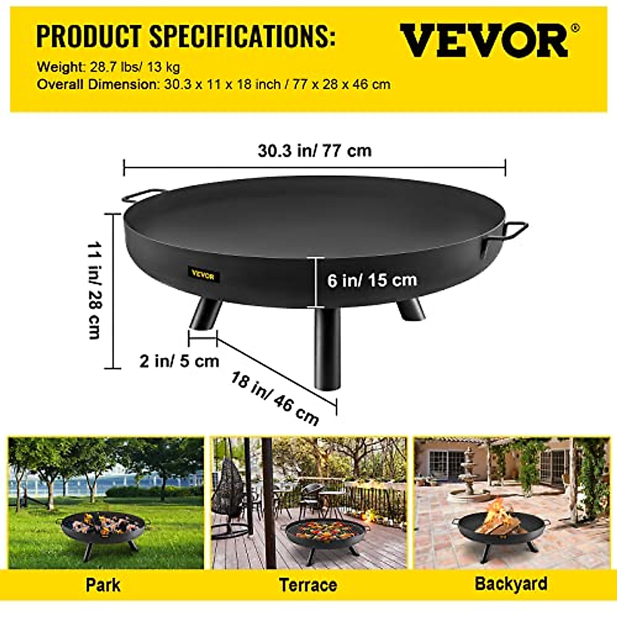 VEVOR Fire Pit Bowl, 30-Inch Deep Round Carbon Steel Fire Bowl, Wood Burning for Outdoor Patios, Backyards & Camping Uses, with A Drain Hole, Portable Handles and A Firewood Stick, Black