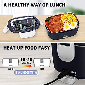 Yoorbee Electric Lunch Box Food Heater, 60W Heated Lunch Boxes for Adults,Durable 3-In-1 Portable Food Warmer for Car& Home/Office,Leak-proof,with Fork&Spoon,Carry Bag