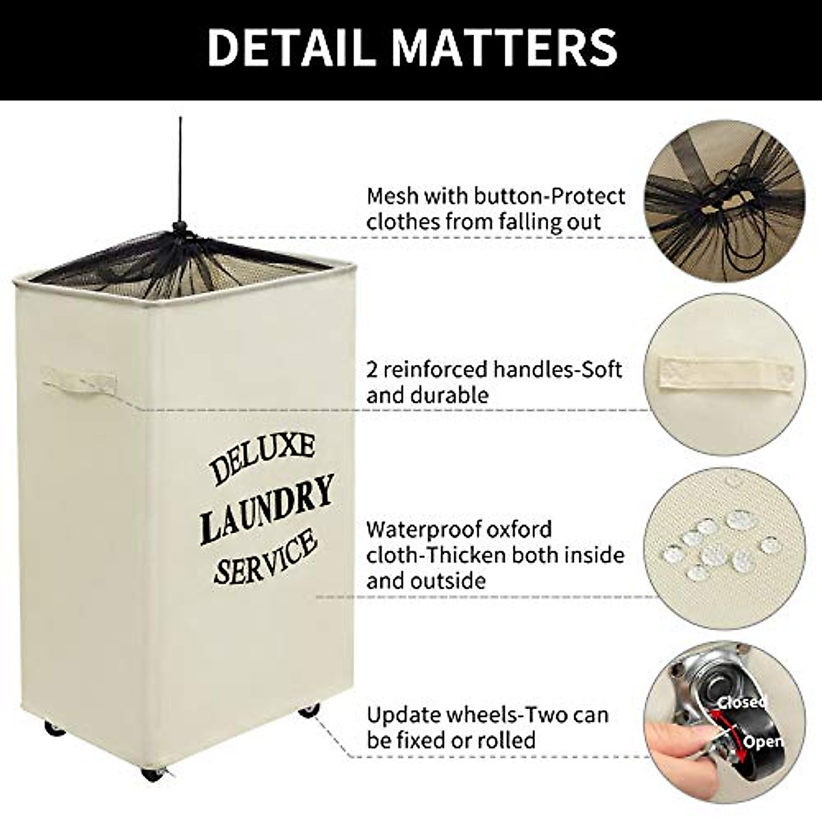ZERO JET LAG 90L Large Slim Rolling On Wheels Laundry Hamper Basket Tall Dirty Clothes Hamper Clothes Storage Basket Standable Corner Handy Bin Hamper Basket 12x16x26" (Beige)